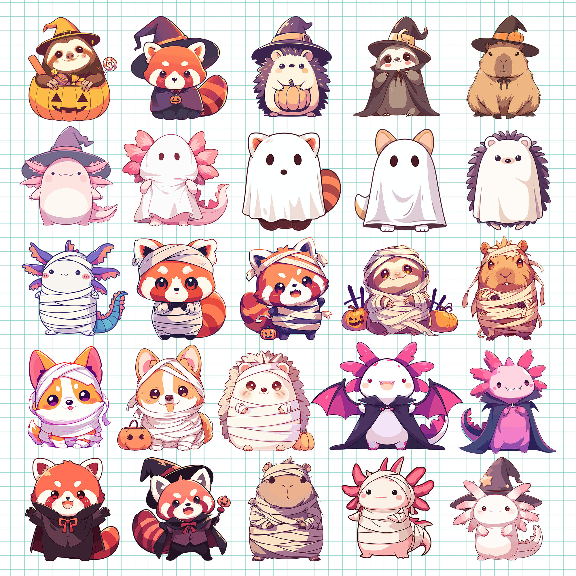 Halloween Animals Clipart Cute Cartoon PNG Kawaii Axolotl Sloth ...