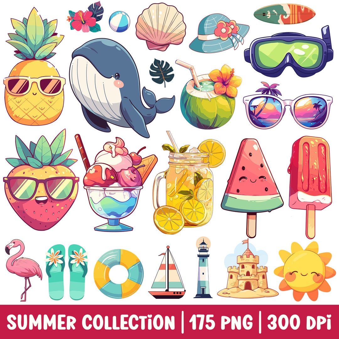 Cool Summer Clipart Tropical Island Holiday PNG Bundle Set Kawaii Fruit ...
