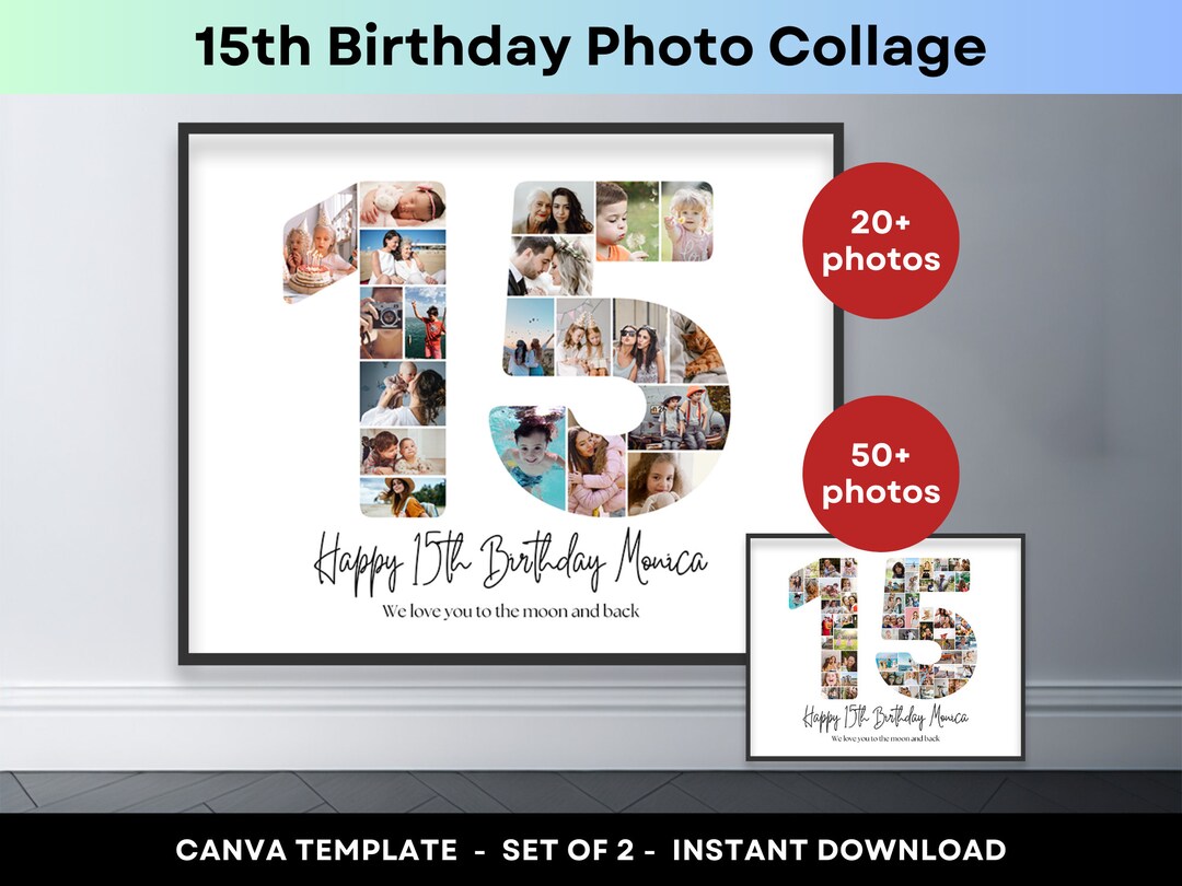 15th Birthday Number 15 Photo Collage Printable Canva Frame Template ...