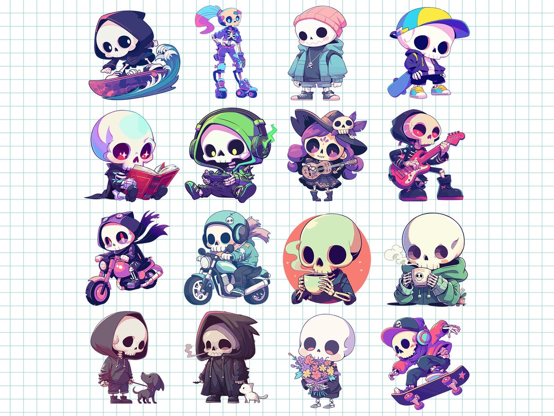Kawaii Skeletons Clipart Cute Skull PNG Bundle Set Skeleton Cartoon ...