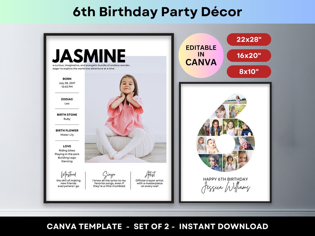 6th Birthday Number 6 Photo Collage Six Year Old Milestones Photo Board ...