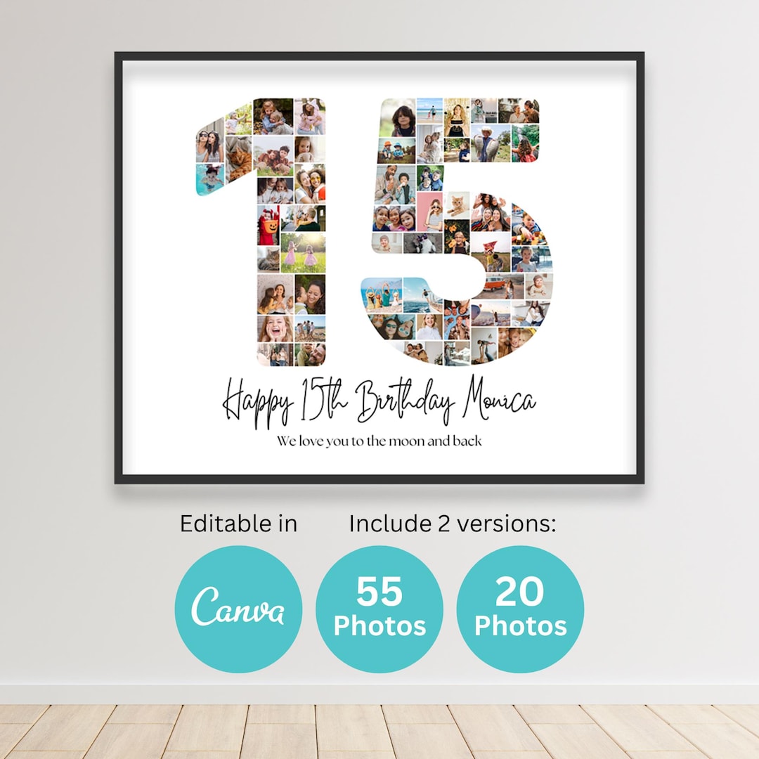 15th Birthday Number 15 Photo Collage Printable Canva Frame Template ...