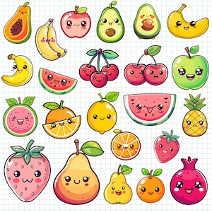 Kawaii Fruit Clipart Transparent PNG Bundle Set Cute Fruits Cartoon ...