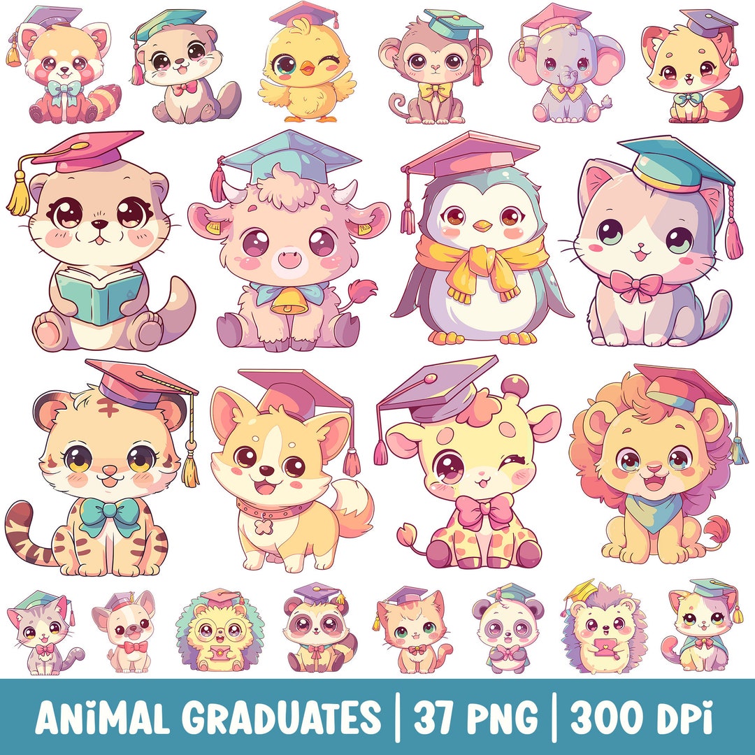 Cute Animal Graduation Clipart PNG Bundle Kawaii Animals Wearing ...