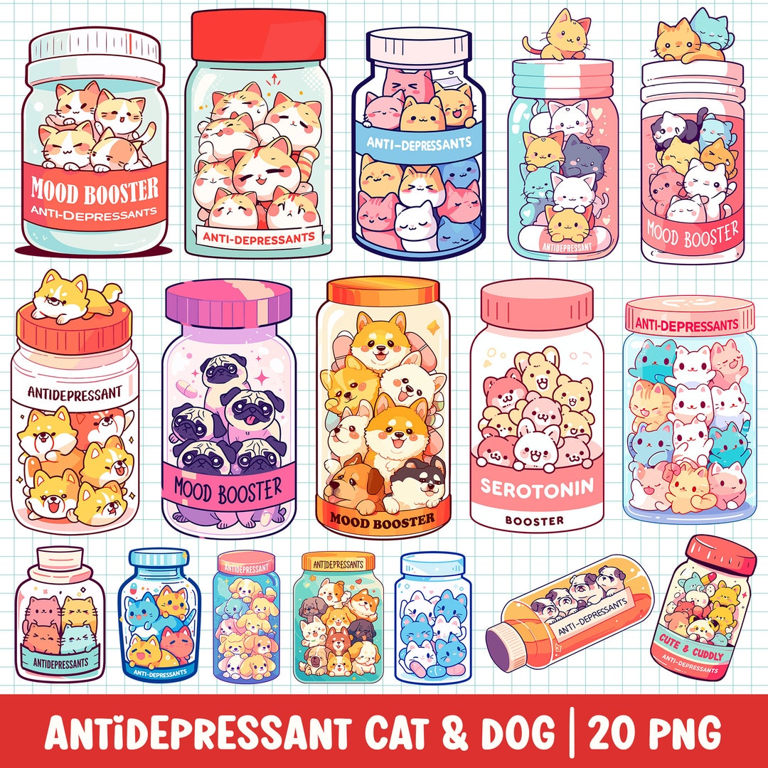 Cute Antidepressant Cats Dogs PNG Bundle Set Kawaii Cat Dog in Pill ...