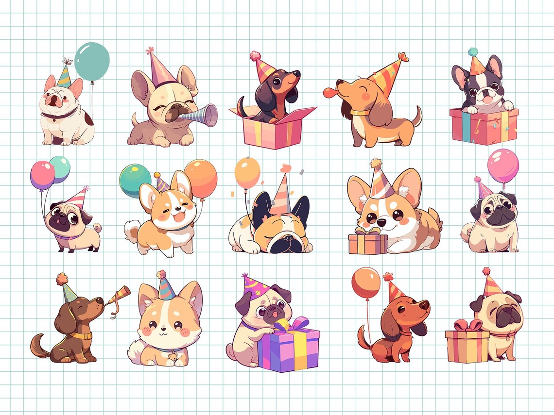 Cute Dog Birthday Party Clipart PNG Bundle Set Kawaii Puppy Dog Breed ...