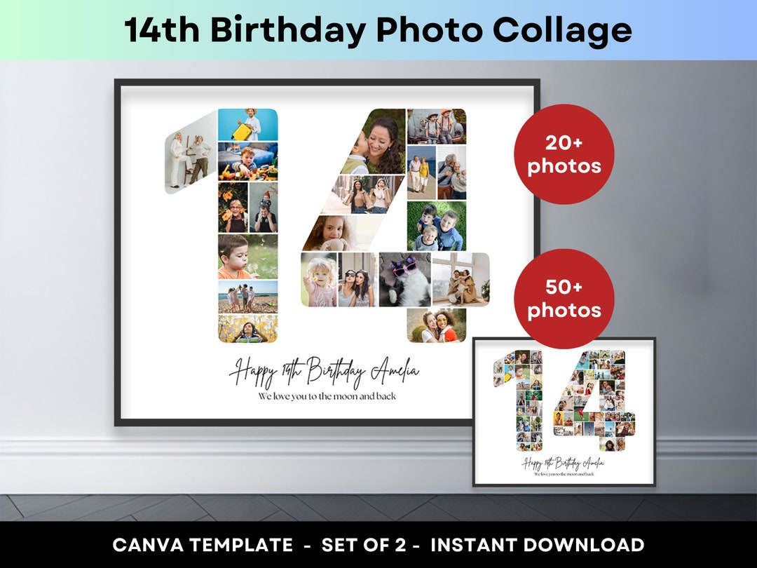 14th Birthday Number 14 Photo Collage Printable Canva Frame Template ...