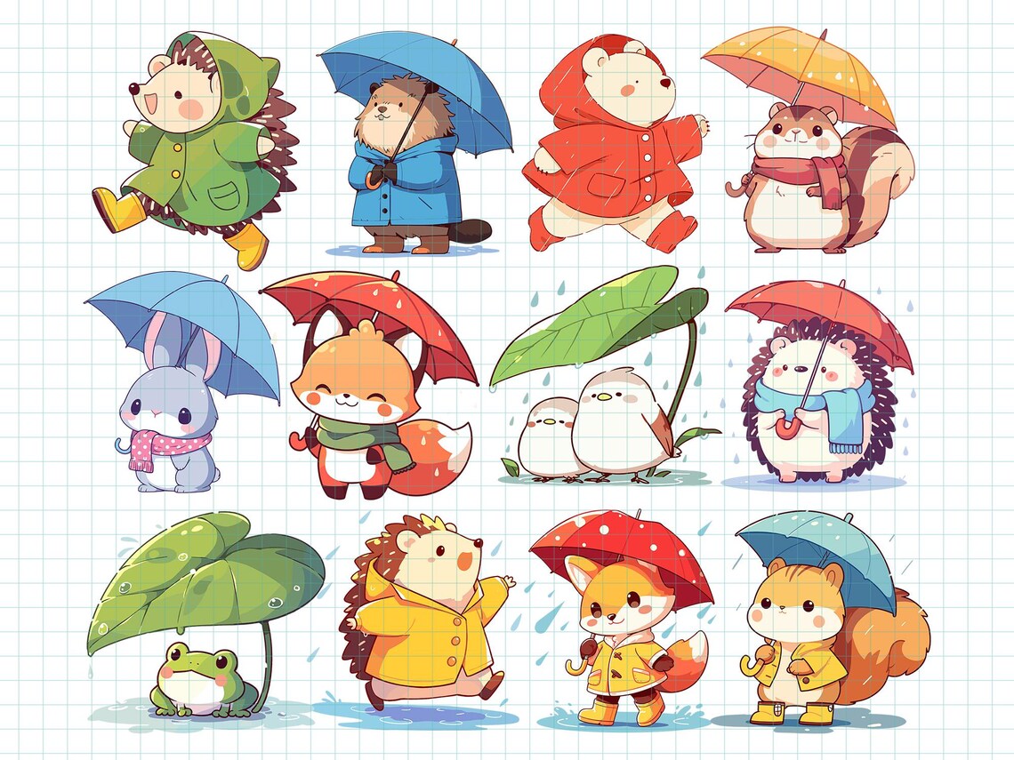 Rainy Day Animal Clipart Cute Woodland Creature PNG Kawaii Animals With ...