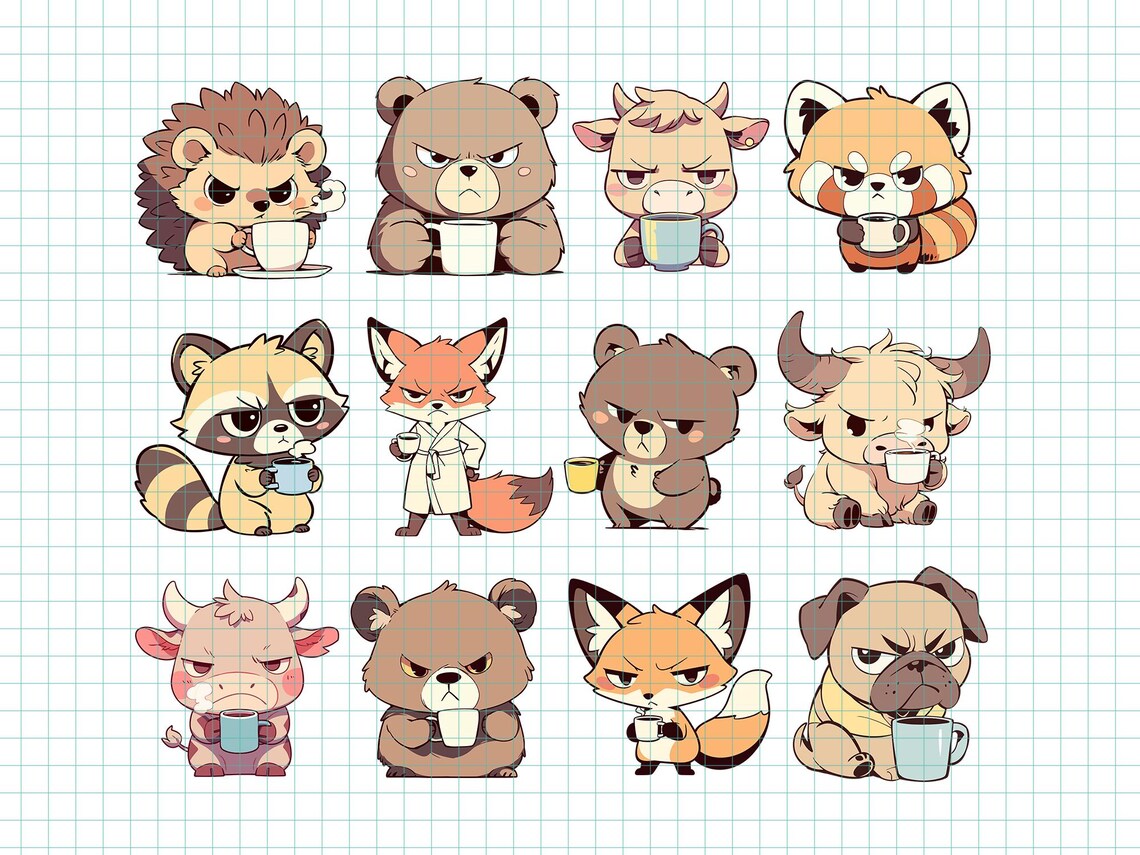 Grumpy Animals Drink Coffee Clipart Cute Animal PNG Cartoon ...