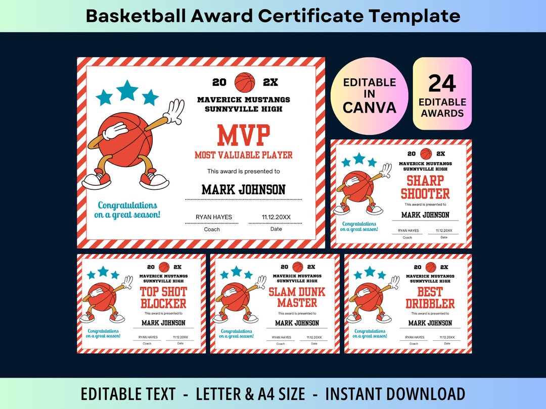 Basketball Certificate Editable Kids Sports Team Awards Canva Template ...