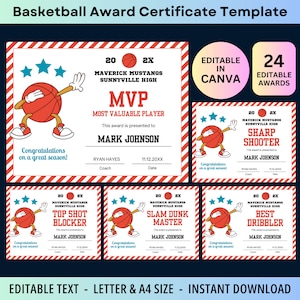 Basketball Certificate Editable Kids Sports Team Awards Canva Template ...