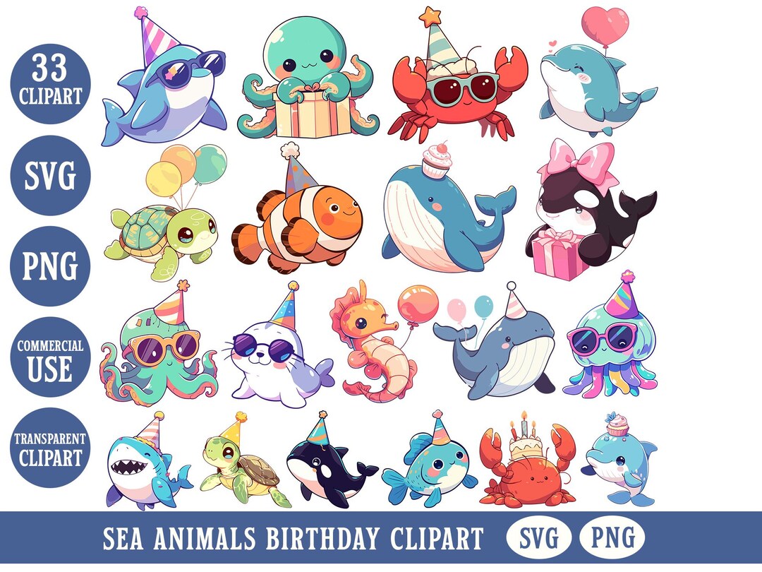 Sea Animals Birthday Clipart Cute Marine Animal PNG Bundle Ocean Animal ...
