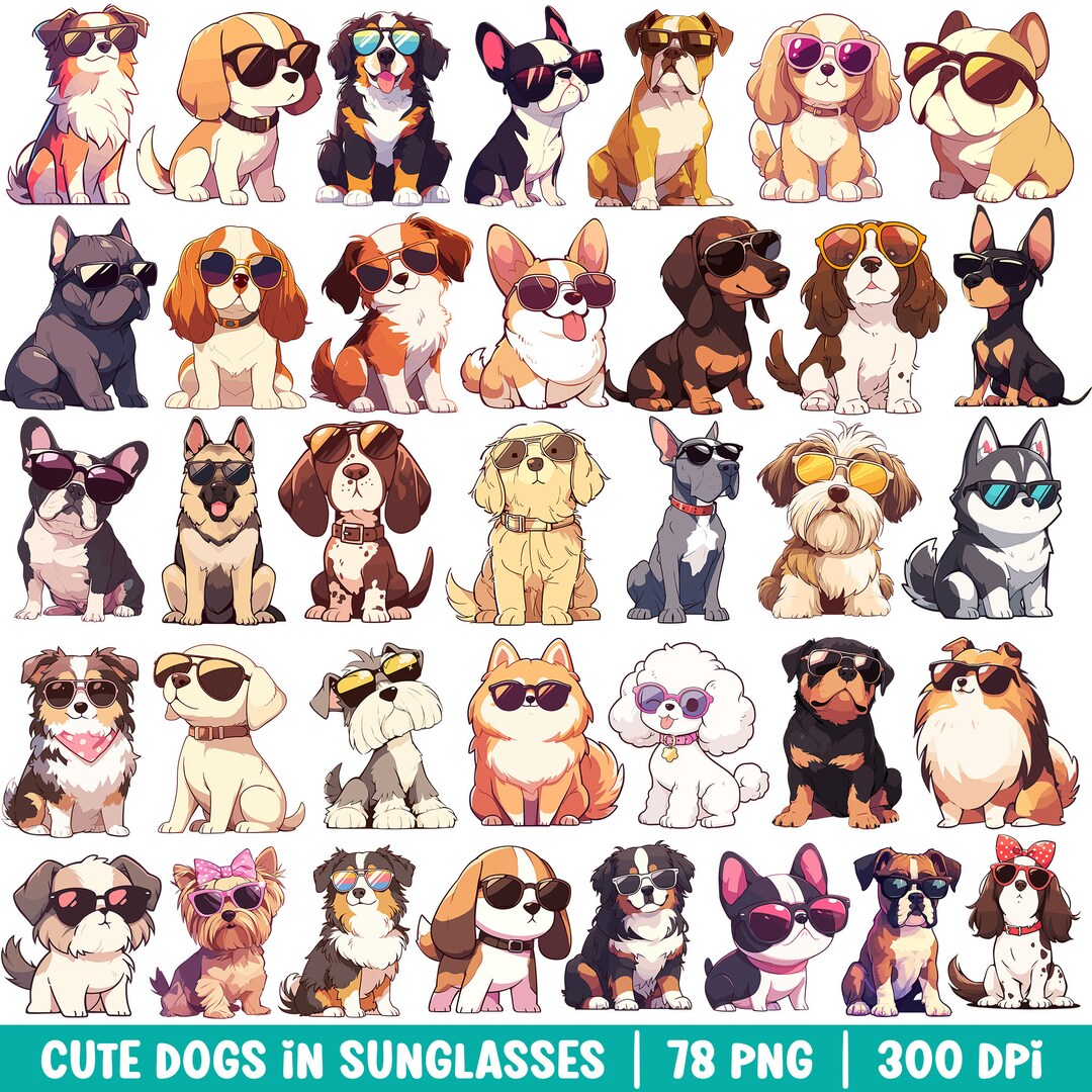 Dog Breed Clipart Cute Dog PNG Bundle Cool Summer Dog in Sunglasses ...