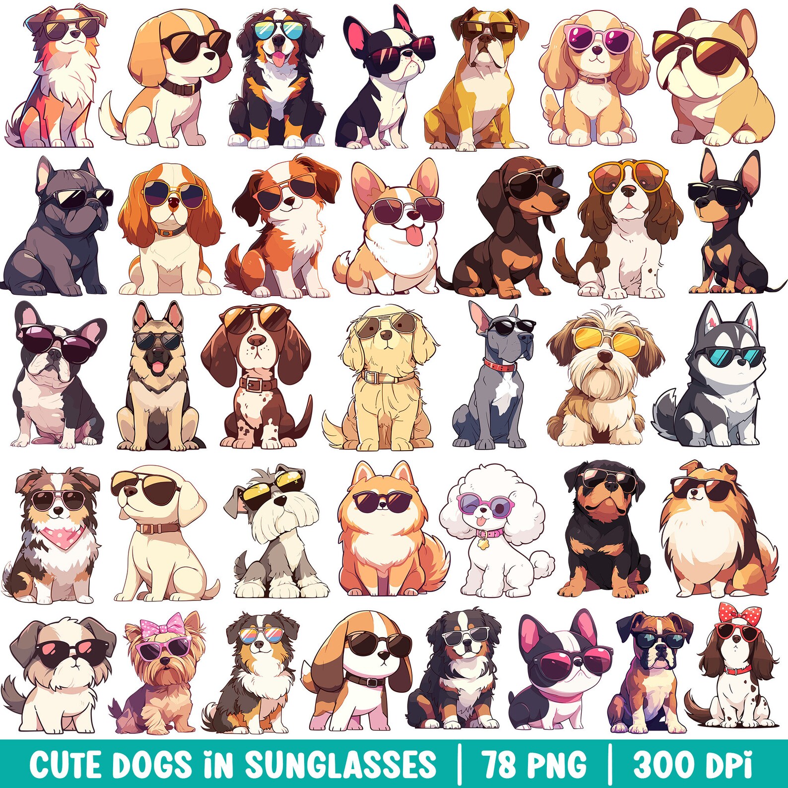 Dog Breed Clipart Cute Dog PNG Bundle Cool Summer Dog in Sunglasses ...