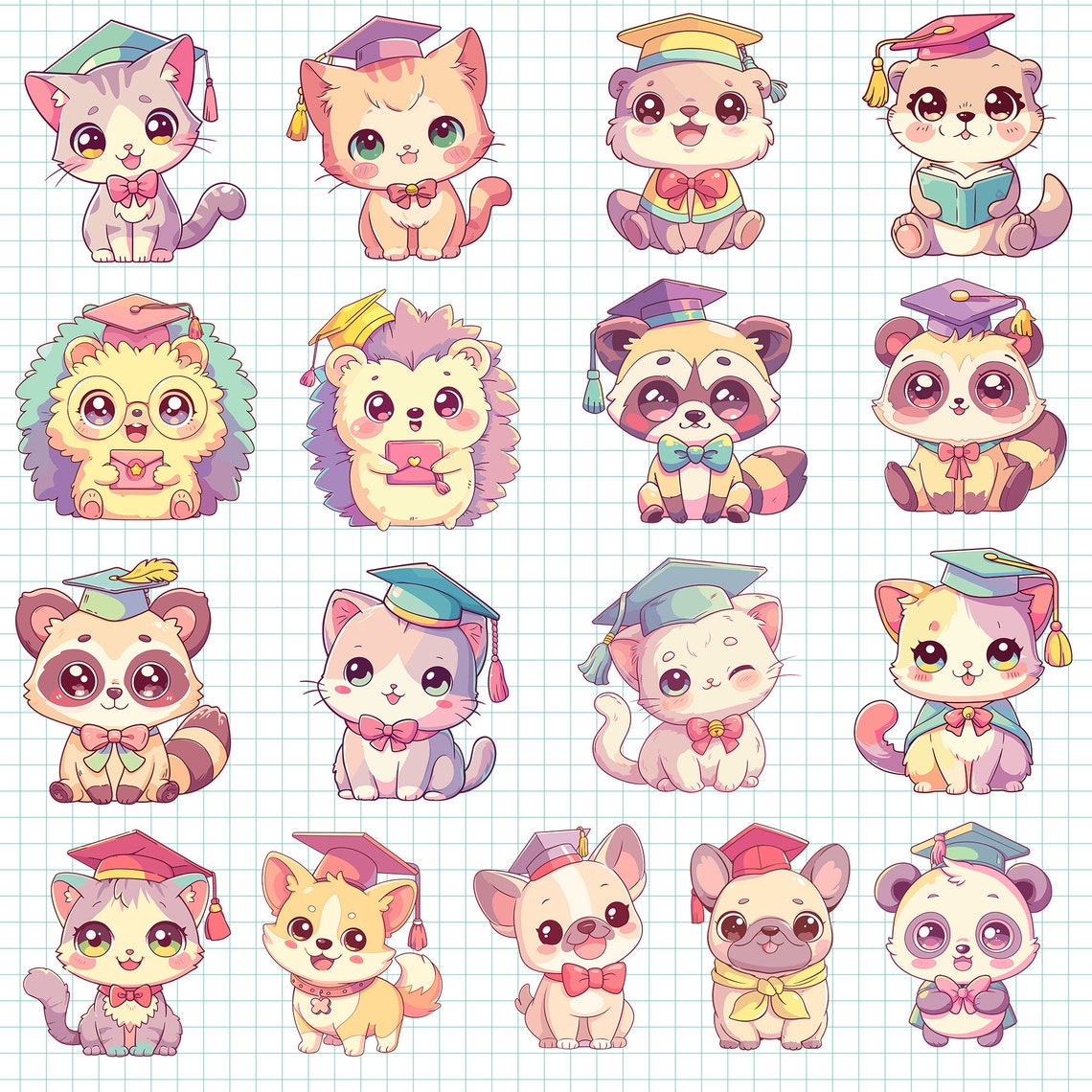 Cute Animal Graduation Clipart PNG Bundle Kawaii Animals Wearing ...