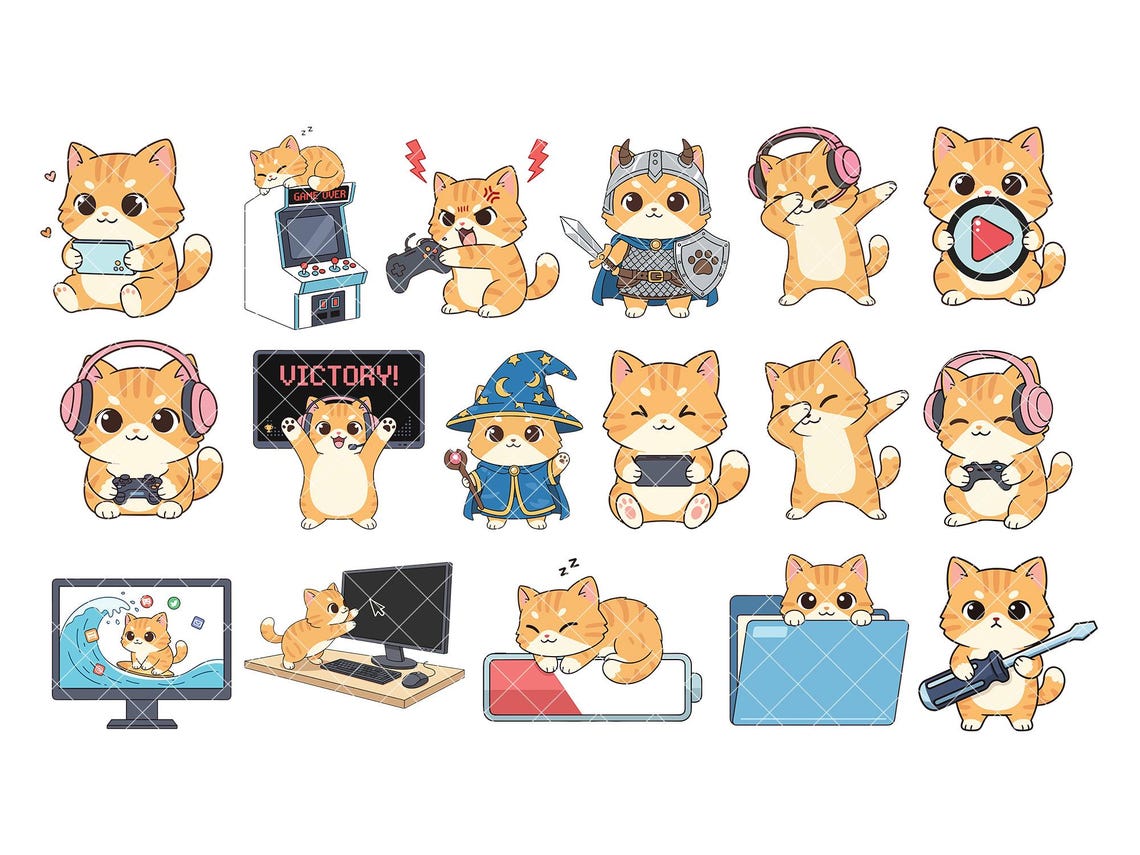 Kawaii Office Cat Clipart Bundle Work From Home PNG Tech and Gaming ...