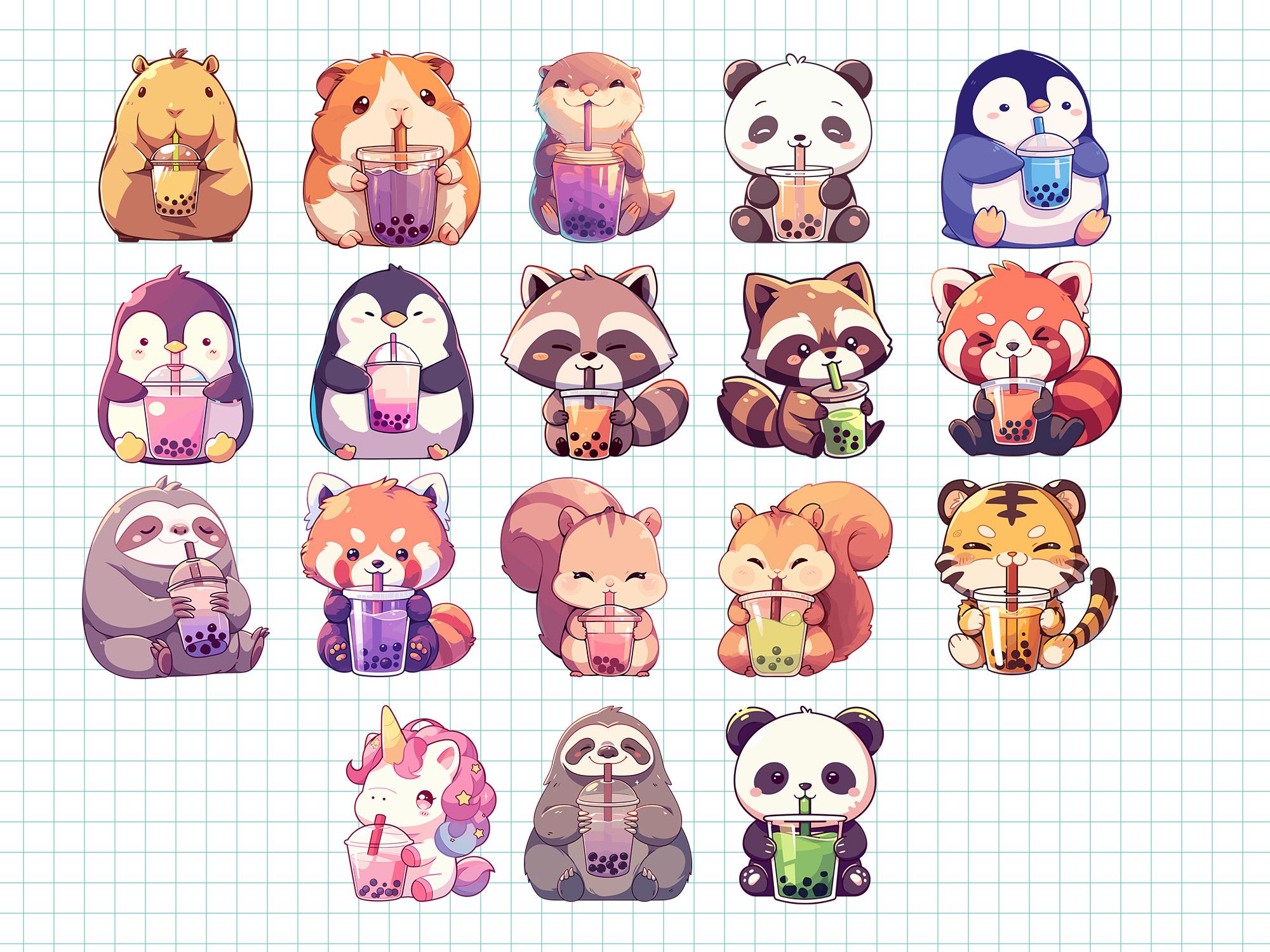 Kawaii Animals Boba Tea Clipart PNG Bundle Set Cute Animal Cartoon ...