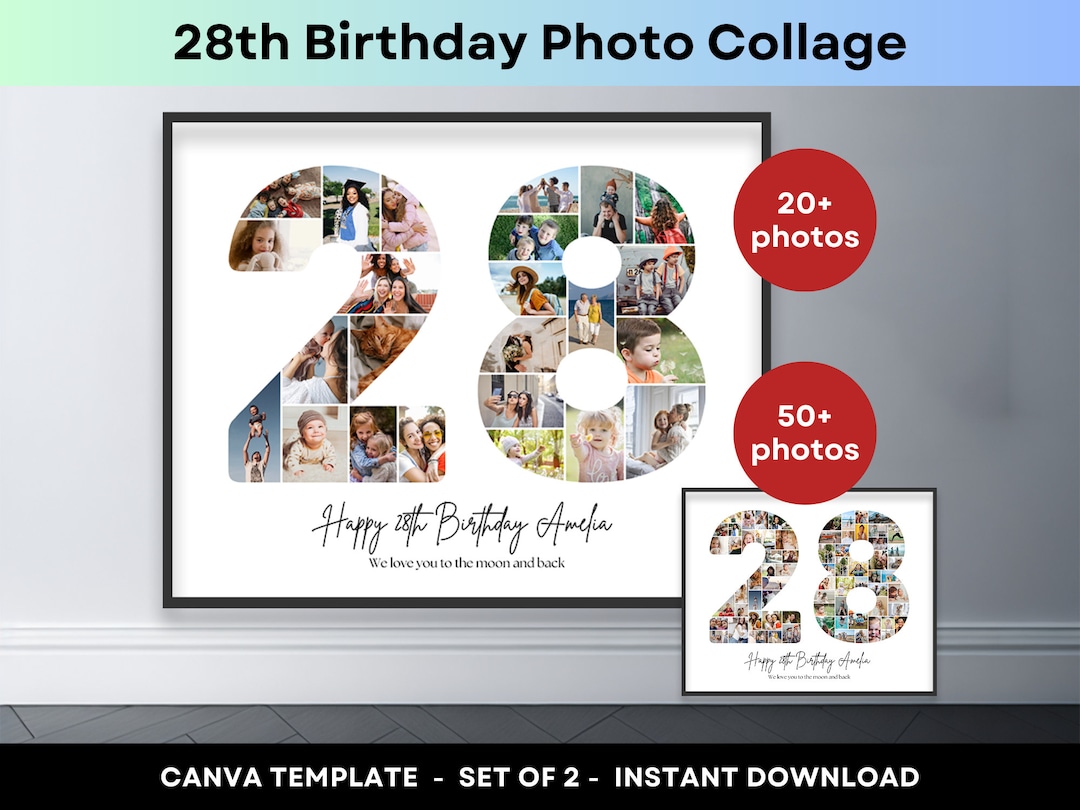 28th Birthday Number 28 Photo Collage Printable Canva Frame Template ...