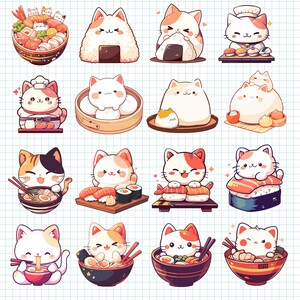Kawaii Cat Japanese Food PNG Bundle Cute Kitten Clipart Set Cat Lover ...