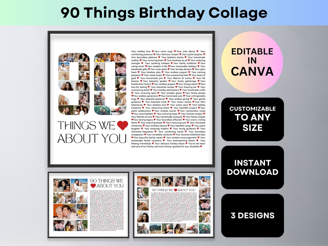 90th Birthday Photo Collage 90 Things We Love About You Anniversary ...