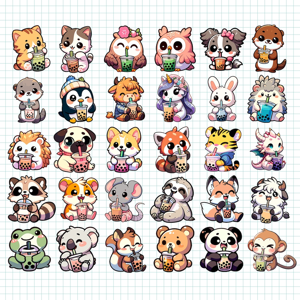 Cute Animals Drink Boba Tea Clipart Transparent PNG Bundle Set Kawaii ...