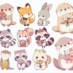 Woodland Spring Animal Clipart Cute Floral Animals PNG Bundle Set Cozy ...
