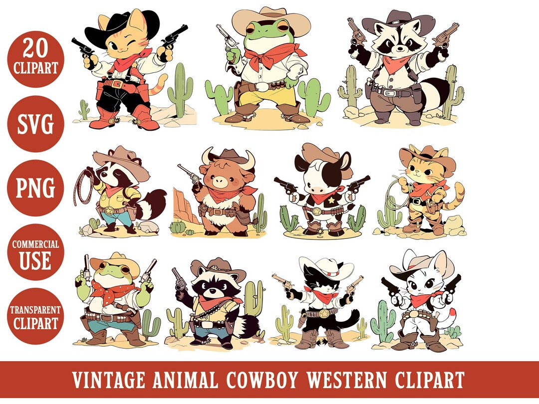 Vintage Western Cowboy Clipart Retro Animal Cowboy PNG Cute Cat Frog ...