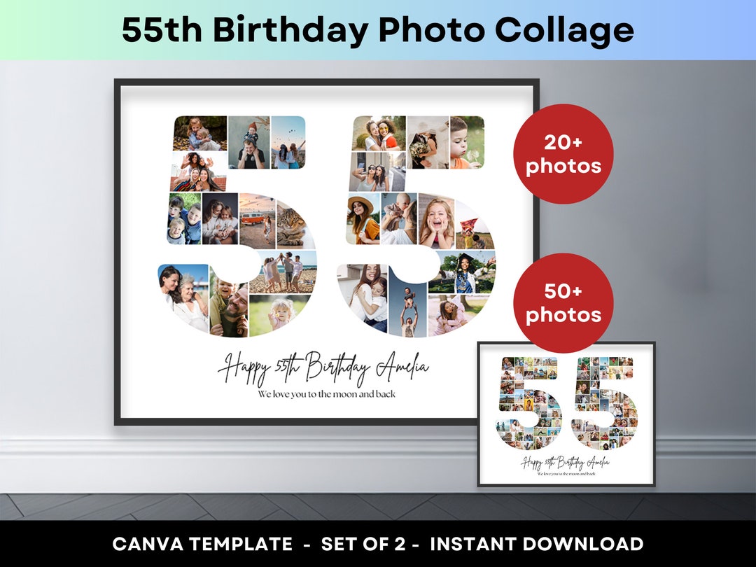 55th Birthday Number 55 Photo Collage Printable Canva Frame Template ...