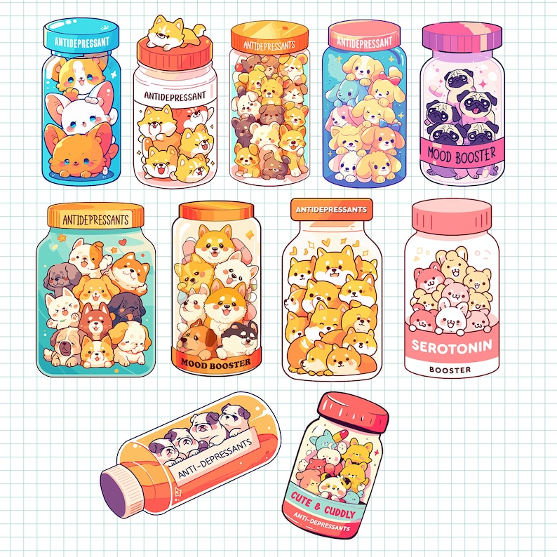 Cute Antidepressant Cats Dogs PNG Bundle Set Kawaii Cat Dog in Pill ...