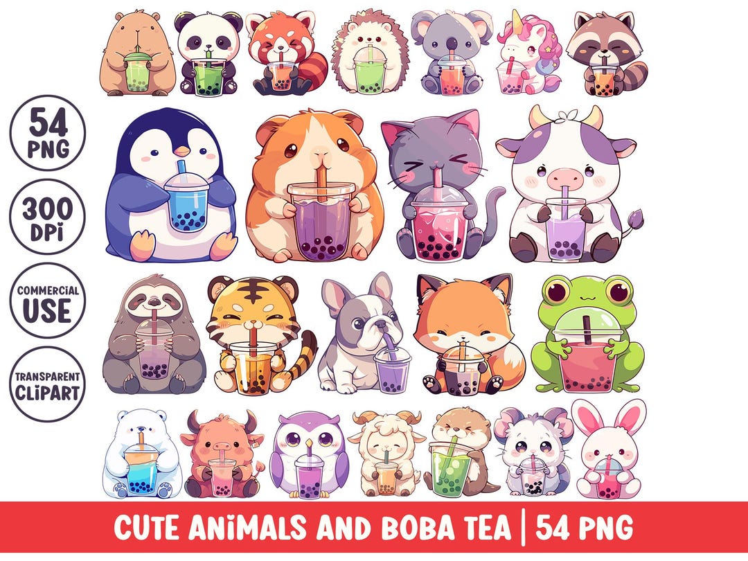 Kawaii Animals Boba Tea Clipart PNG Bundle Set Cute Animal Cartoon ...