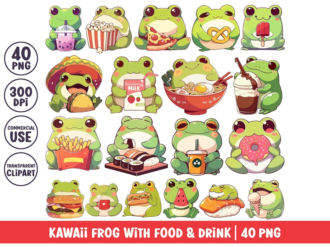 Kawaii Frog Clipart Cute Food and Drink PNG Bundle Set Cartoon ...