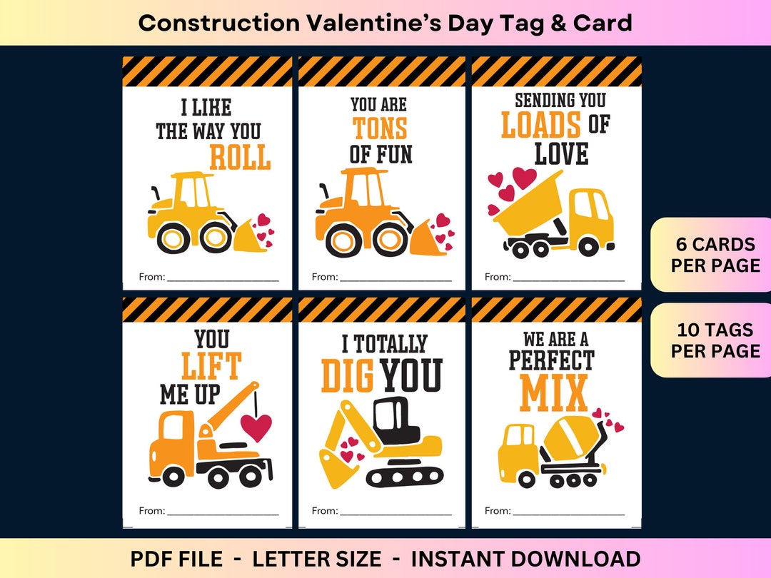 Construction Valentine's Day Card Gift Tag Printable Kids Classroom ...