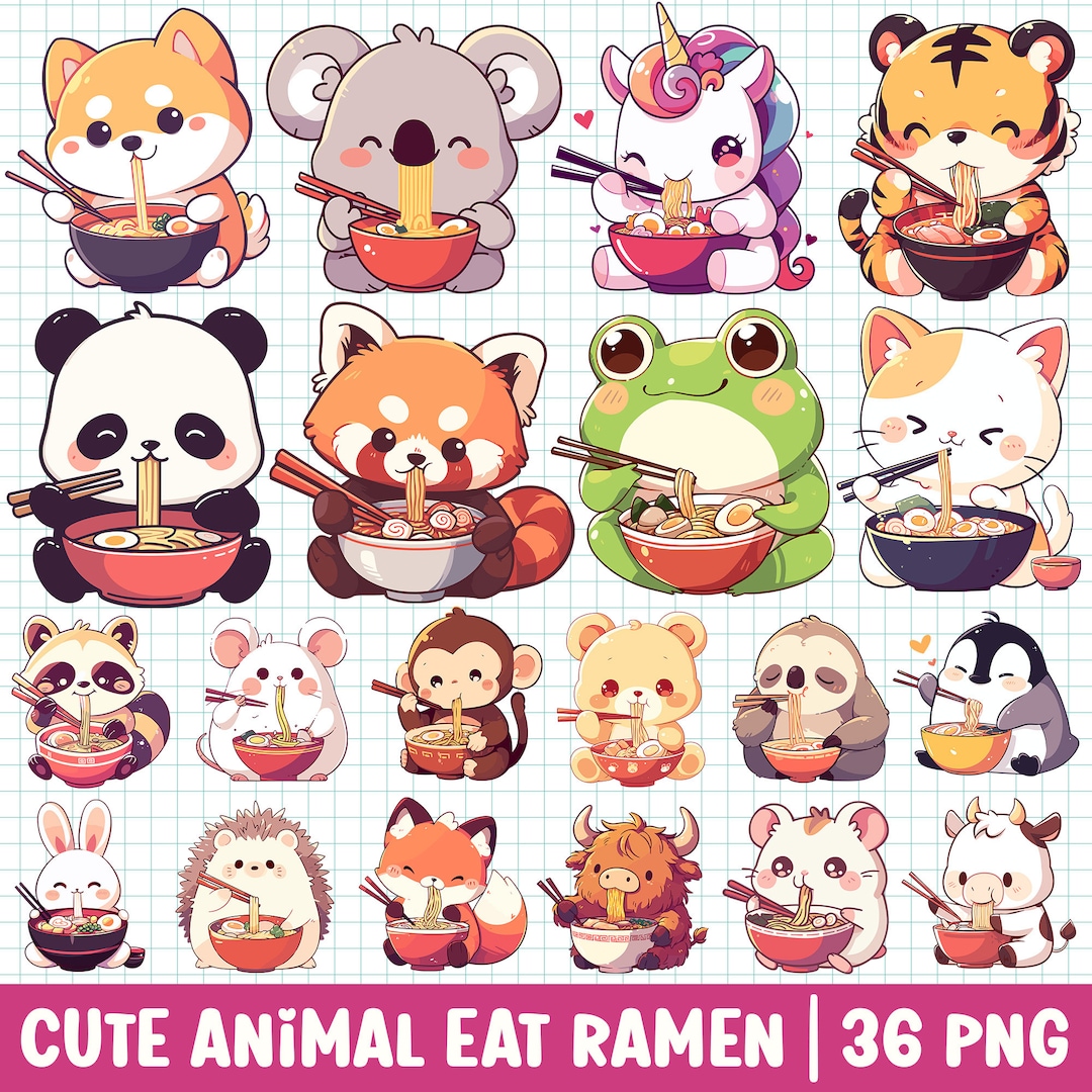 Cute Animals Eat Ramen Clipart Transparent PNG Bundle Set Kawaii Anime ...