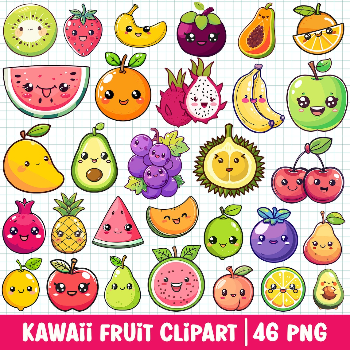 Kawaii Fruit Clipart Transparent PNG Bundle Set Cute Fruits Cartoon ...