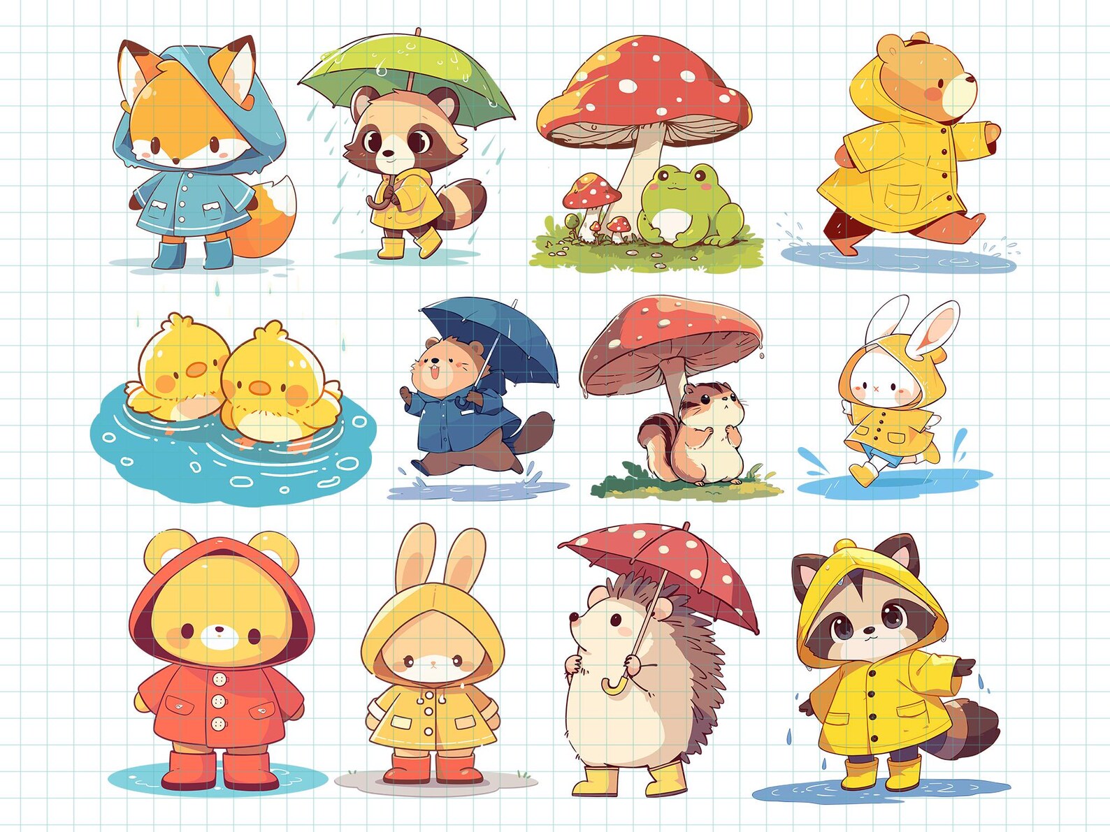 Rainy Day Animal Clipart Cute Woodland Creature PNG Kawaii Animals With ...