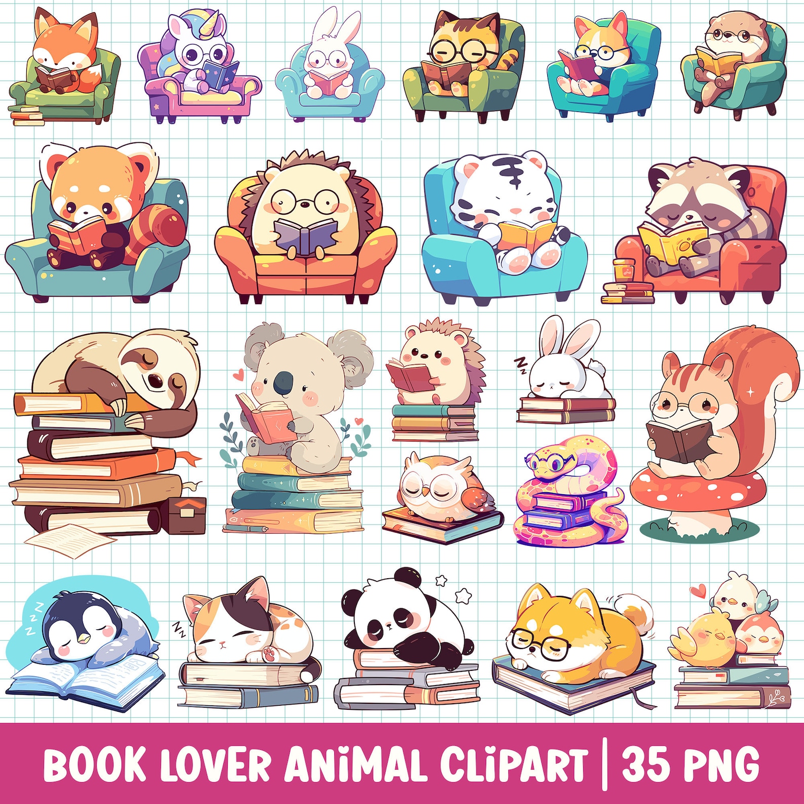 Cute Book Lover PNG Bundle Kawaii Animal Reading Books Clipart Funny ...