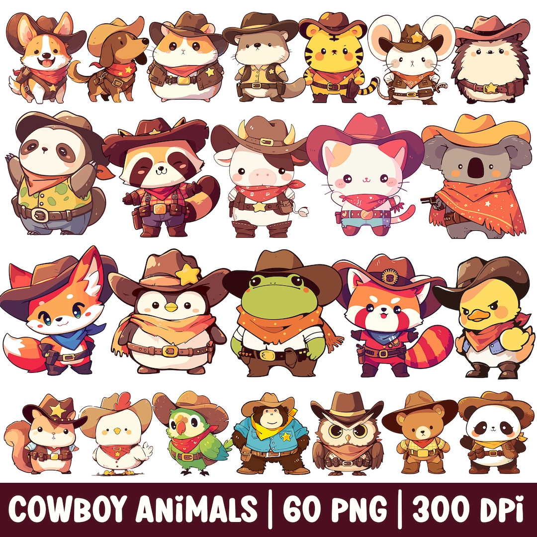 Cute Animal Cowboy Clipart Cowboy Hat Animal PNG Bundle Set Western ...