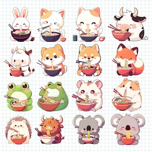 Cute Animals Eat Ramen Clipart Transparent PNG Bundle Set Kawaii Anime ...