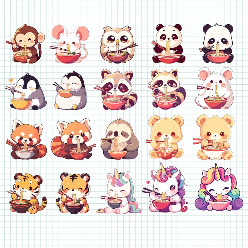 Cute Animals Eat Ramen Clipart Transparent PNG Bundle Set Kawaii Anime ...