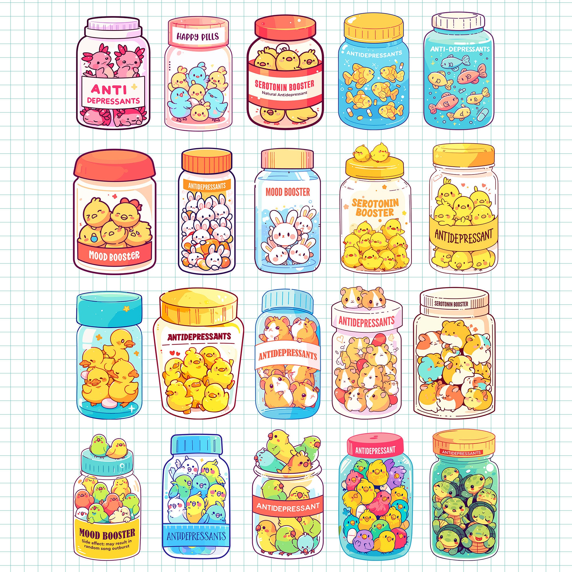 Cute Antidepressant Pets PNG Bundle Set Kawaii Animal in Pill Bottle ...