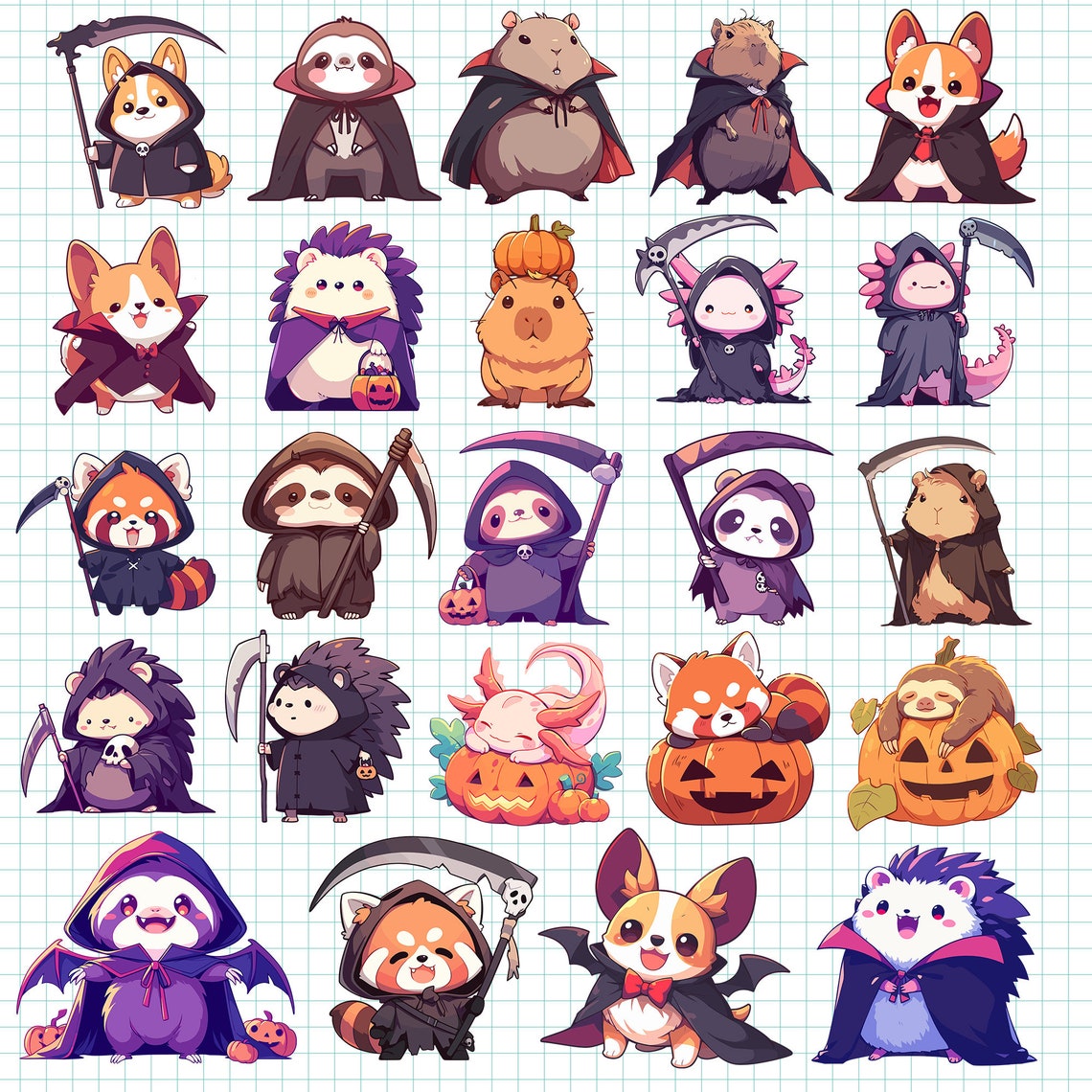 Halloween Animals Clipart Cute Cartoon PNG Kawaii Axolotl Sloth ...