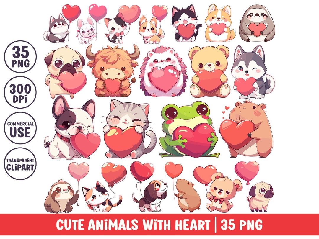 Cute Animal With Hearts Clipart Kawaii Animal Love PNG Bundle Cartoon ...