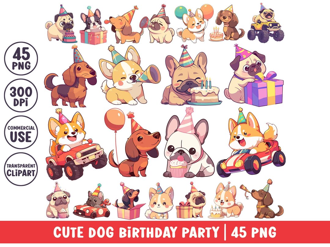 Cute Dog Birthday Party Clipart PNG Bundle Set Kawaii Puppy Dog Breed ...