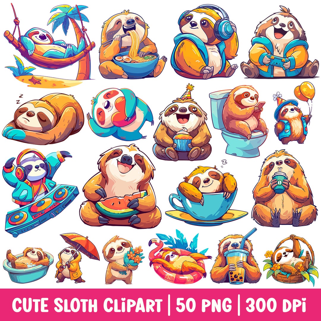 Cute Sloth Clipart Sloth PNG Bundle Kawaii Animal Cartoon Watercolor ...