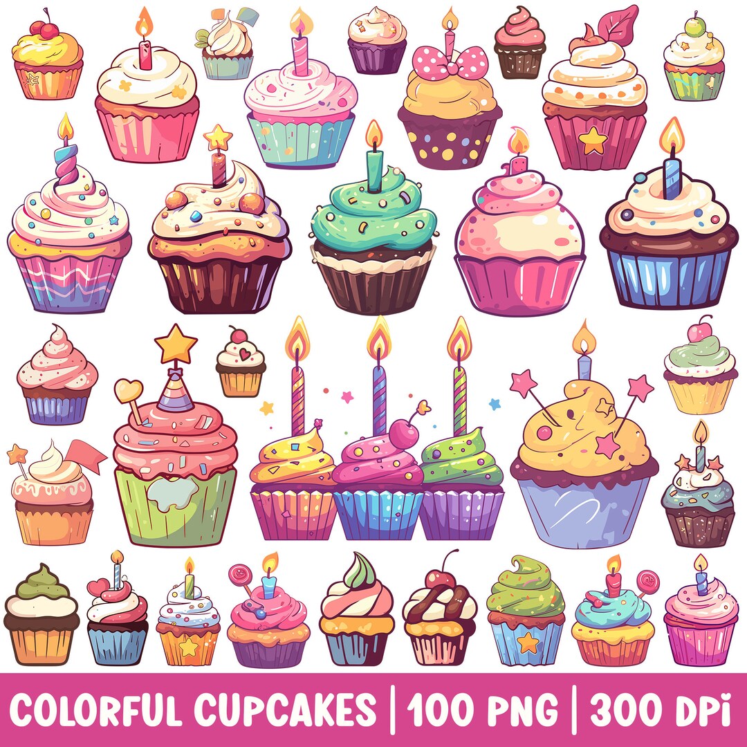 Cute Cupcakes Clipart Kawaii Birthday Cupcake With Candle PNG Bundle ...