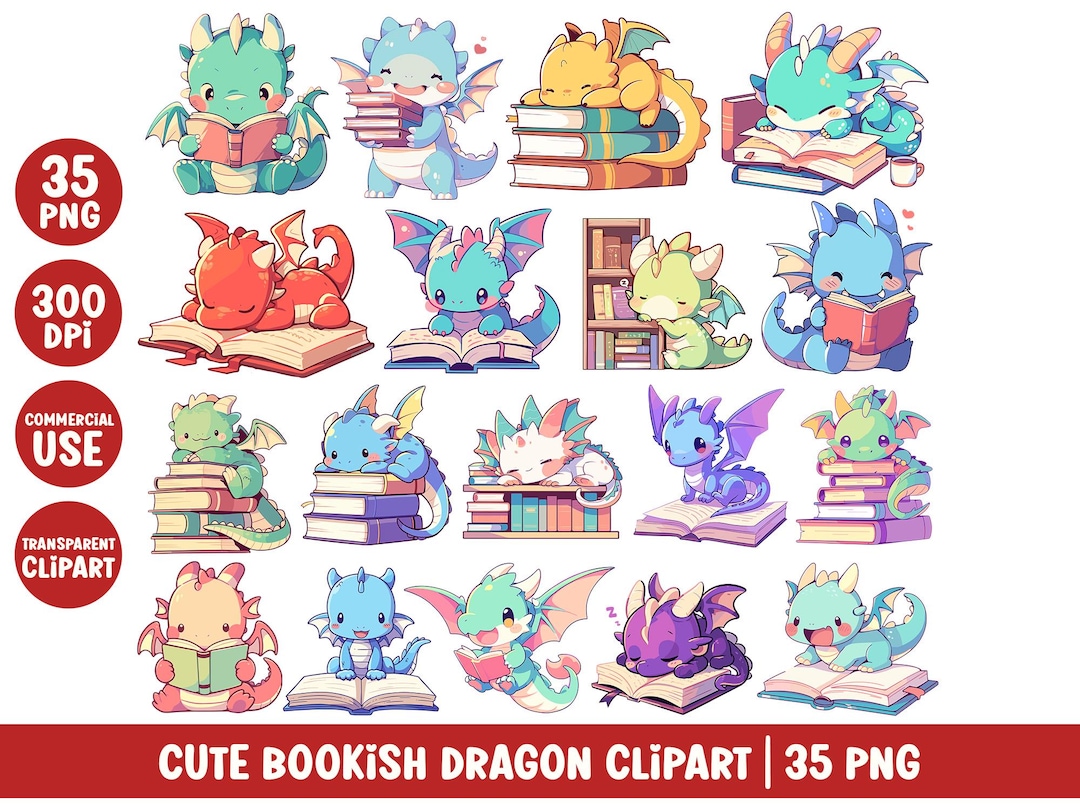 Cute Dragon Book Lover Clipart Kawaii Baby Dragon Reading Bookish PNG ...