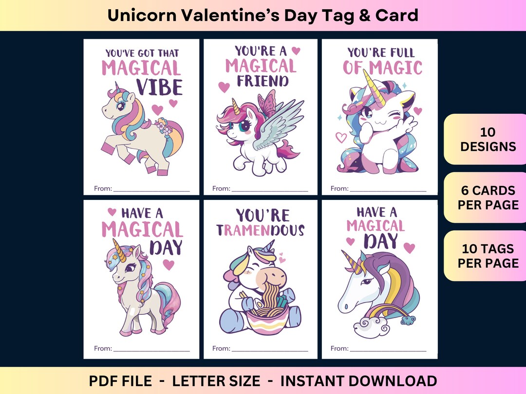 Unicorn Valentine's Day Card Gift Tag Printable Kids Classroom ...