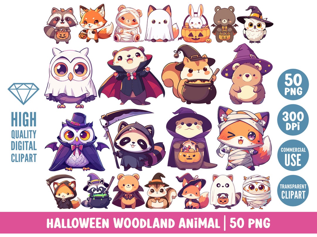 Halloween Woodland Animals Clipart Cute Forest Animal PNG Kawaii ...