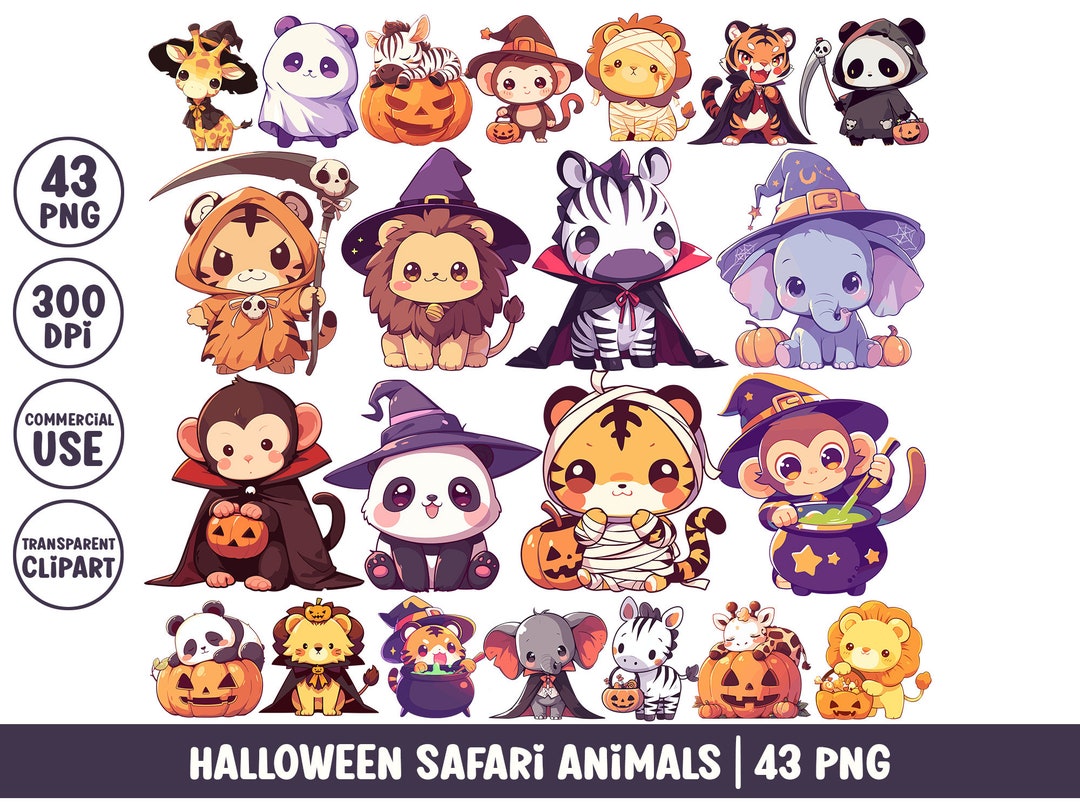 Halloween Safari Animals Clipart Cute Zoo Animal PNG Kawaii Cartoon ...