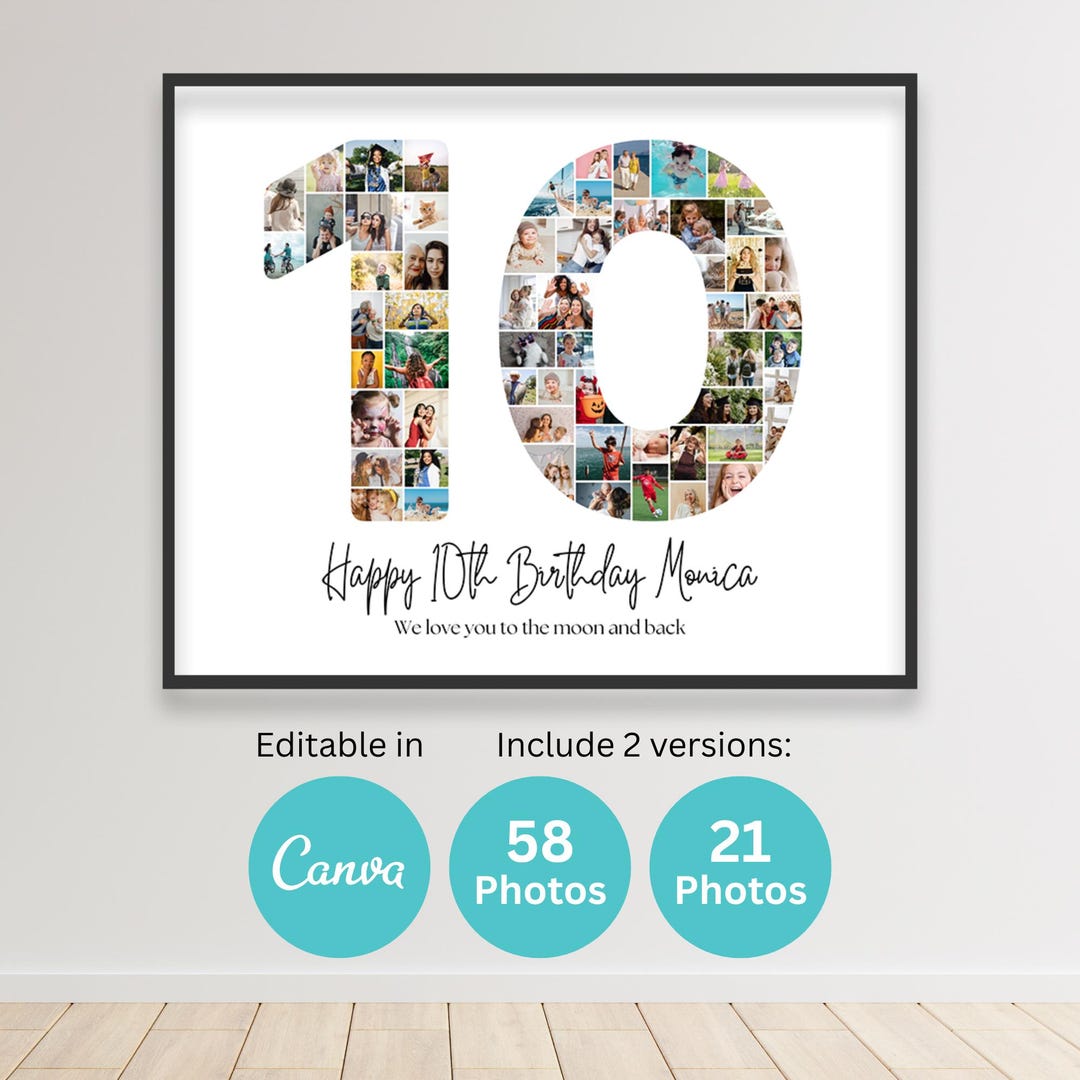 10th Birthday Number 10 Photo Collage Printable Canva Frame Template ...